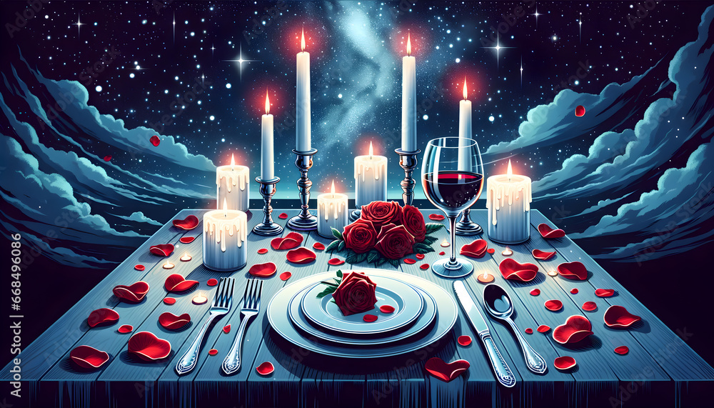Art of a Valentine's Day dinner scene. A rectangular table set for two boasts of its romantic ...