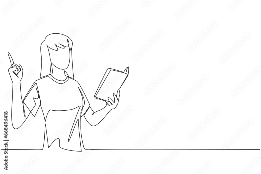 Single continuous line drawing woman standing reading a book. Gesture ...