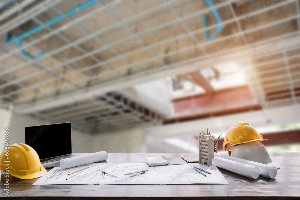 Construction house and building. Repair work. dof laptop computer and ...