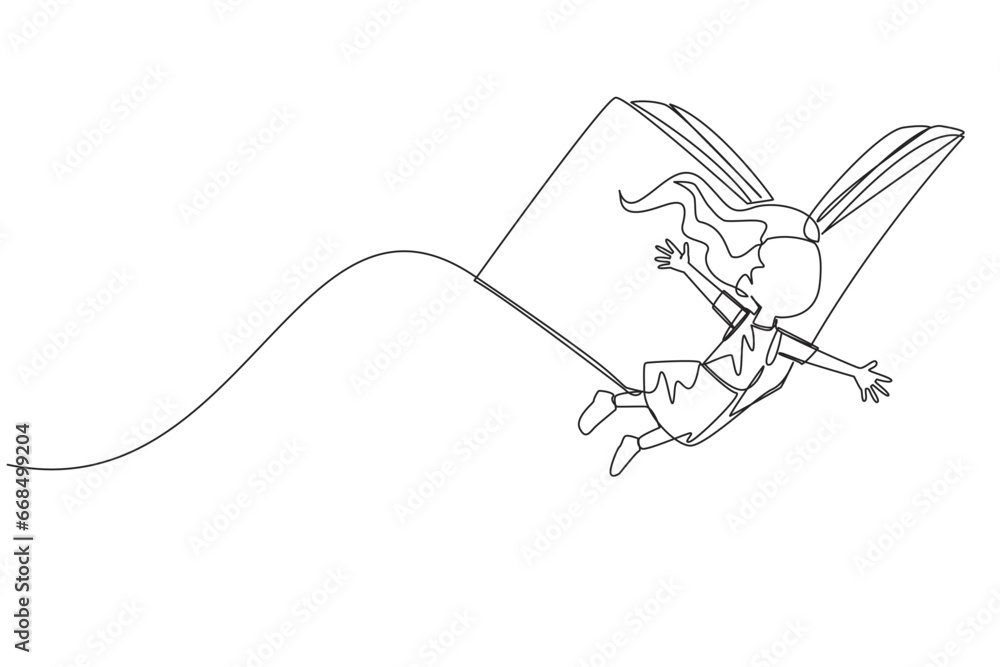 Single one line drawing the brave girl flying with wings that come from ...