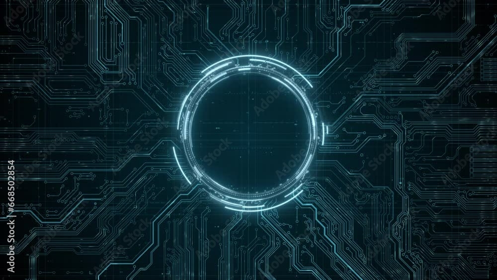 Animated circuit board. Digital technology background. Central computer ...