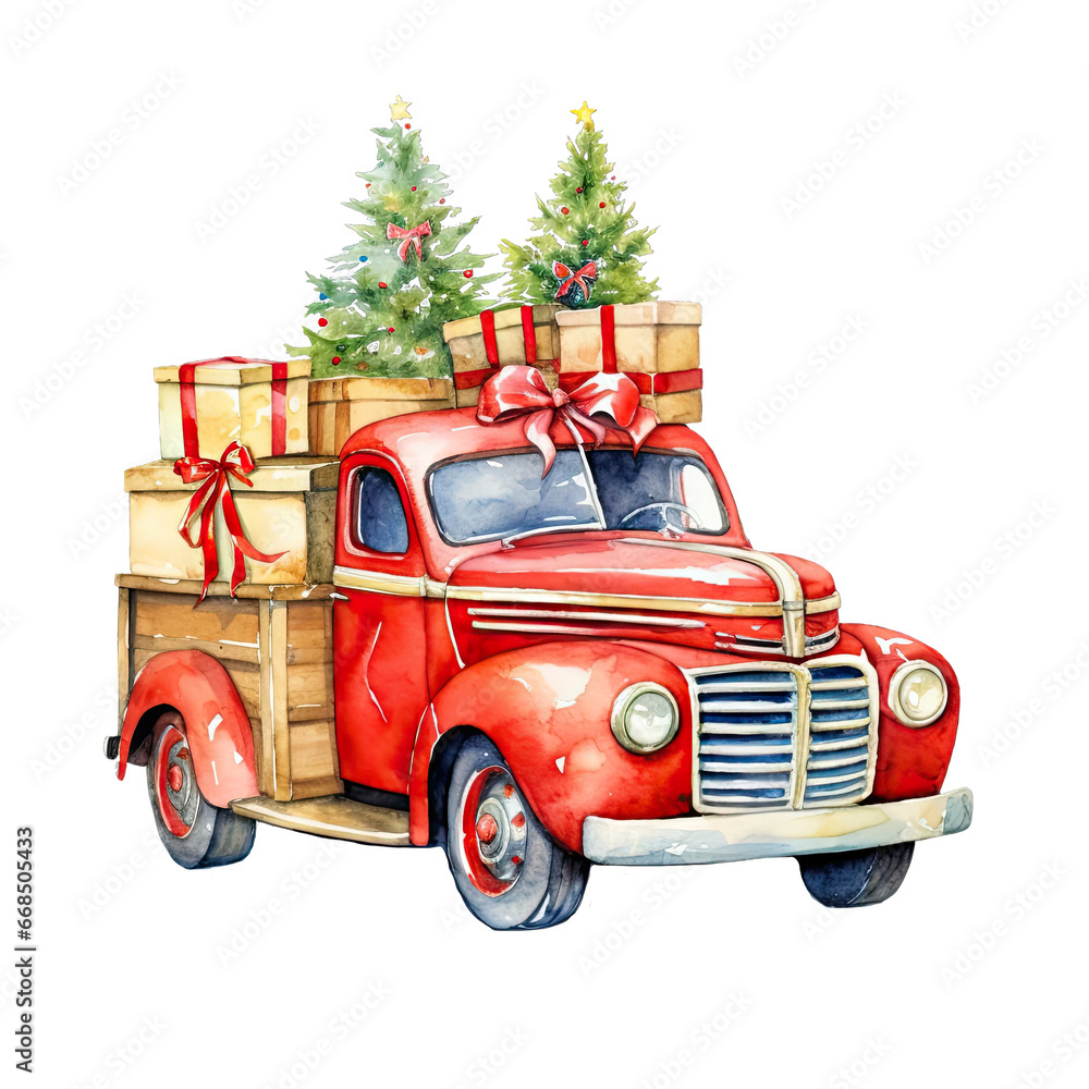 Christmas truck watercolor clipart on transparent background ...