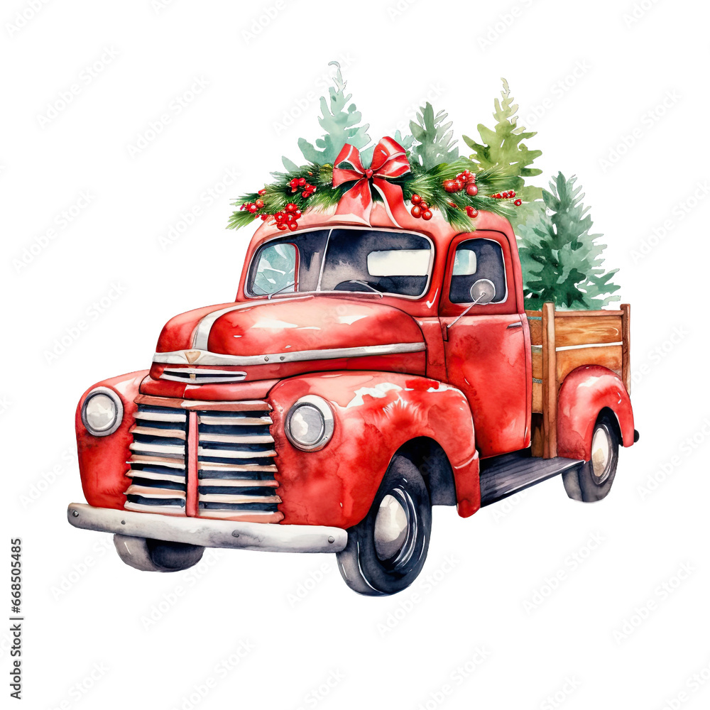 Christmas truck watercolor clipart on transparent background ...