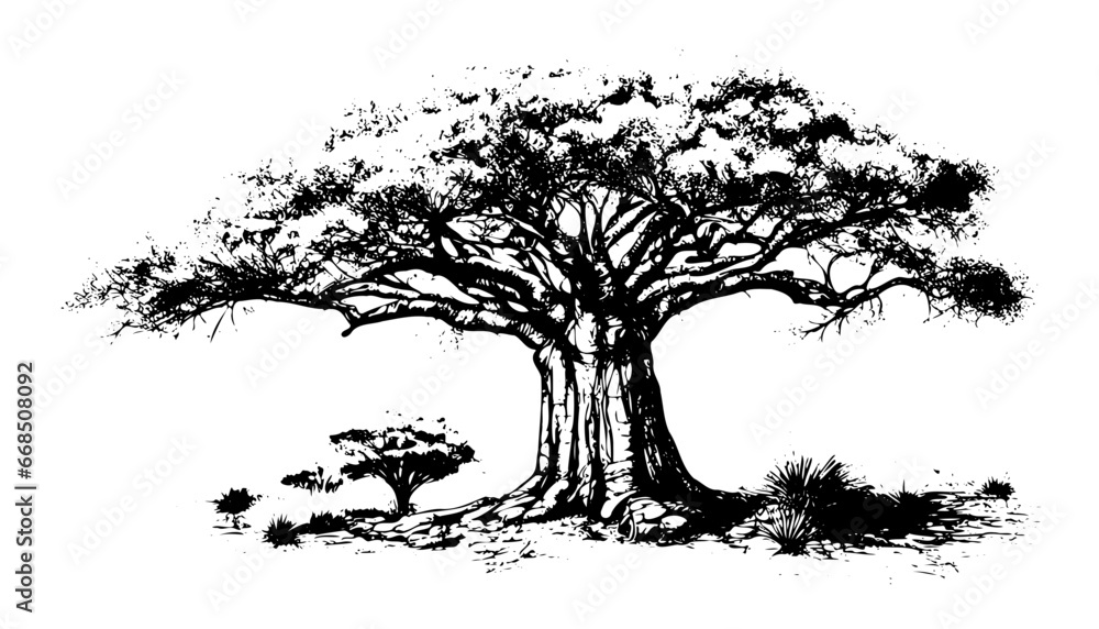 Sketch of African savanna, landscape with trees. Black outline on a ...