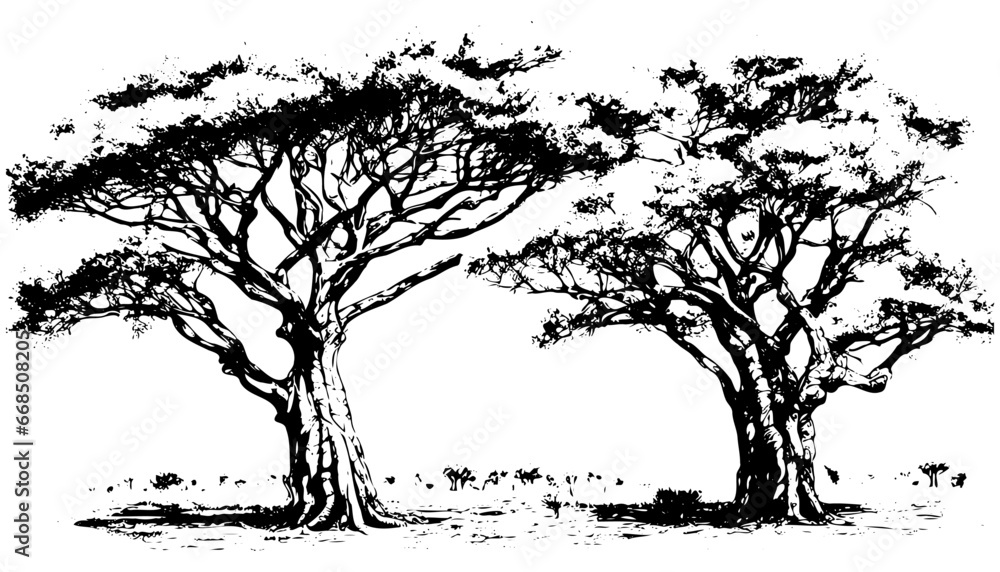 Sketch of African savanna, landscape with trees. Black outline on a ...