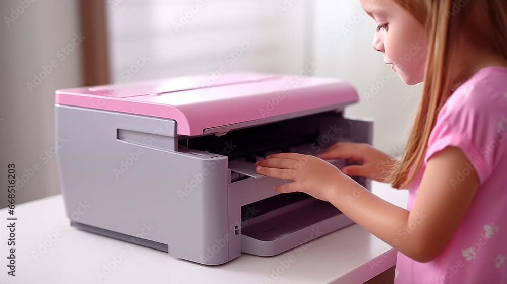 Little girl learning to print, Girl printing document. Child using ...