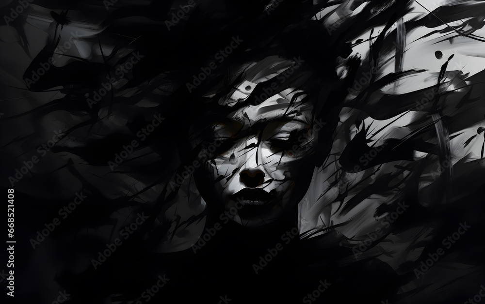 Dark, horror ethereal depiction of a woman enveloped in darkness ...