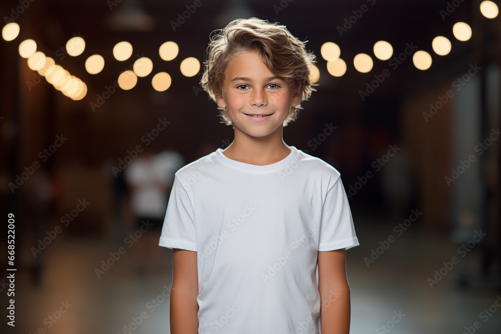 Kid Model in Plain White T-Shirt at Large-Scale Studio Set with Studio ...