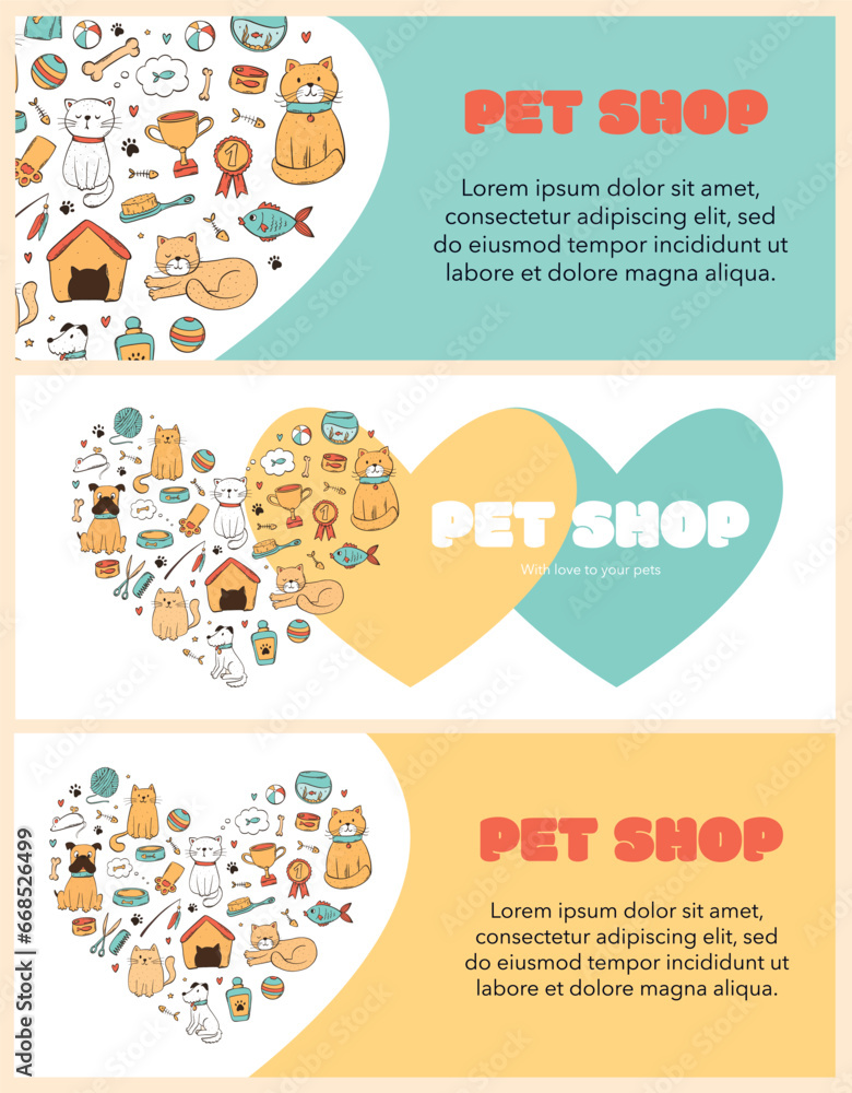 set of horizontal banners with doodles of pets for pet shops, shelters ...