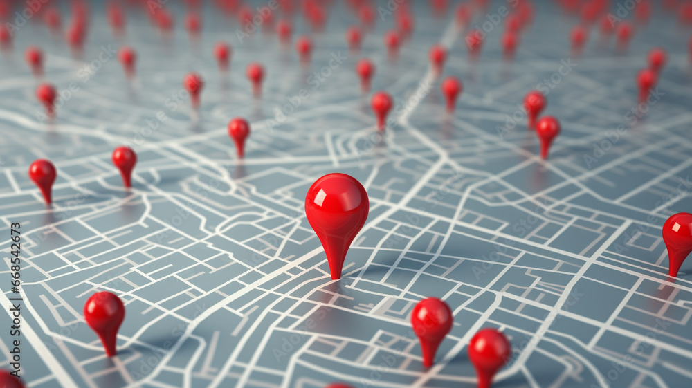 map with multiple red pins indicating locations in the city Stock ...