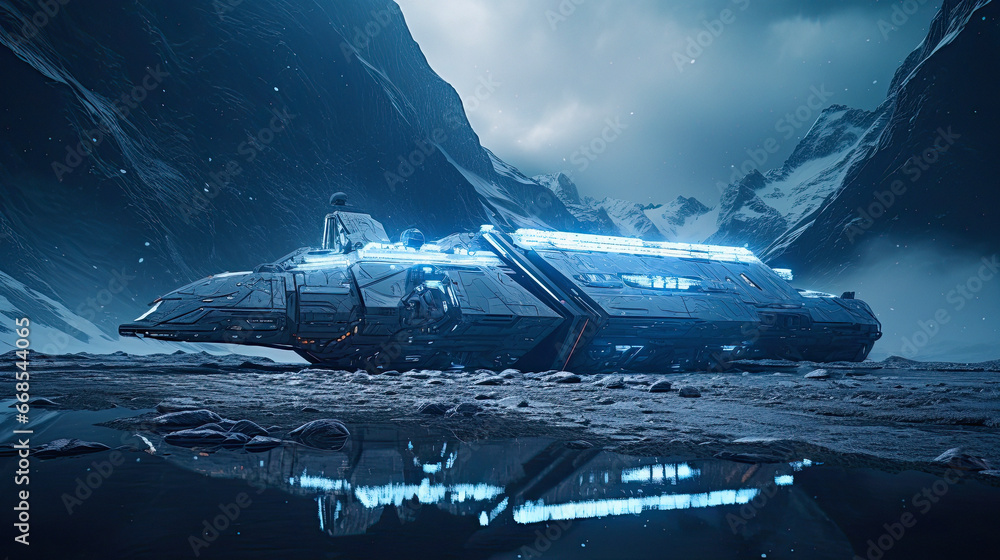 crashed starship, spaceship sticking out of glacial landscape Stock ...
