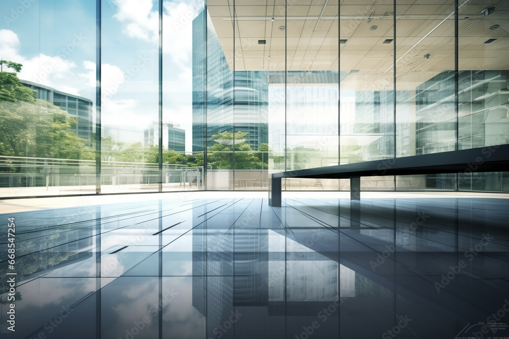 Glass wall of modern office building with city view and sunlight. 3D ...