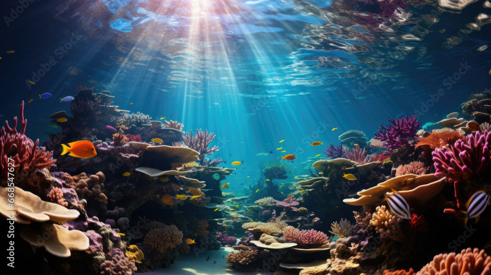 underwater coral reef landscape background in the deep blue ocean with ...
