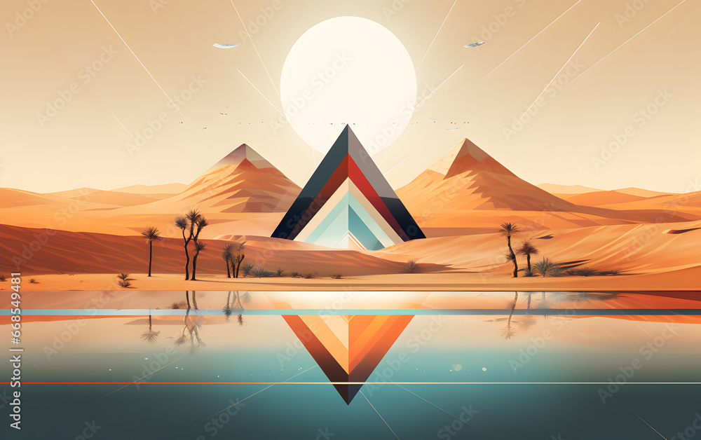 Surreal abstract Egyptian landscape featuring a pyramid amidst a serene ...