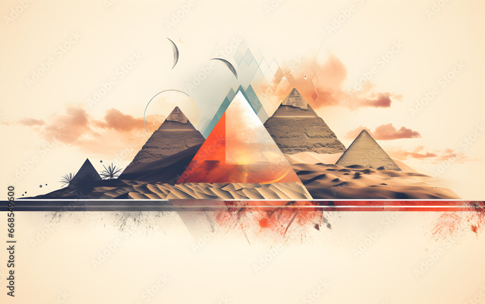 Surreal abstract Egyptian landscape featuring a pyramid amidst a serene ...