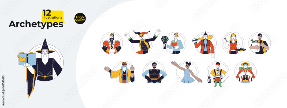 12 archetypes in society line cartoon flat illustration bundle ...