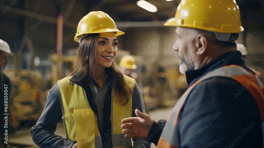 Confident woman engineer giving instructions to male worker on ...