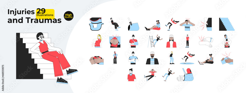 Trauma injured people line cartoon flat illustration bundle. Pain women ...
