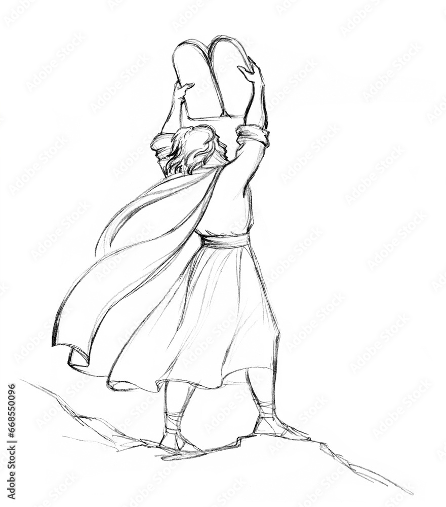 Pencil drawing. Moses holding the tablets Stock Illustration | Adobe Stock