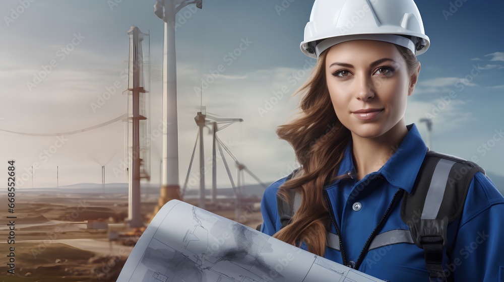Professional woman engineer holding a large blueprint in her hands ...