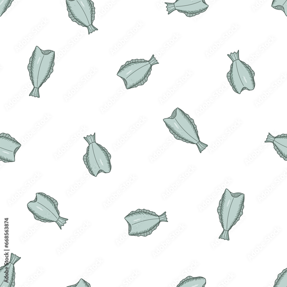Seamless pattern Halibut drawing doodle of a headless fish. Vector ...