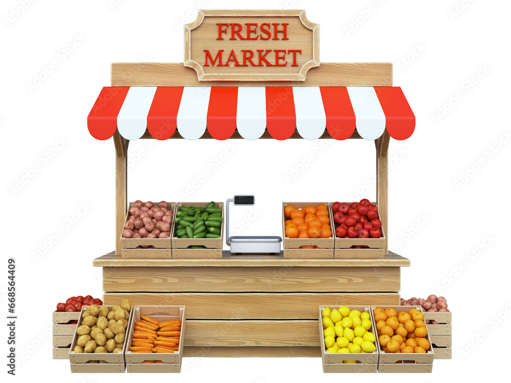 Food market kiosk, farmers shop, farm food stall, fruits and vegetables ...