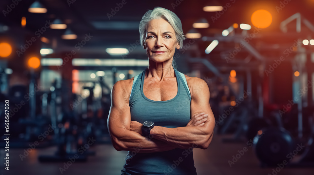 Older woman bodybuilder posing for picture with her arms crossed in gym ...