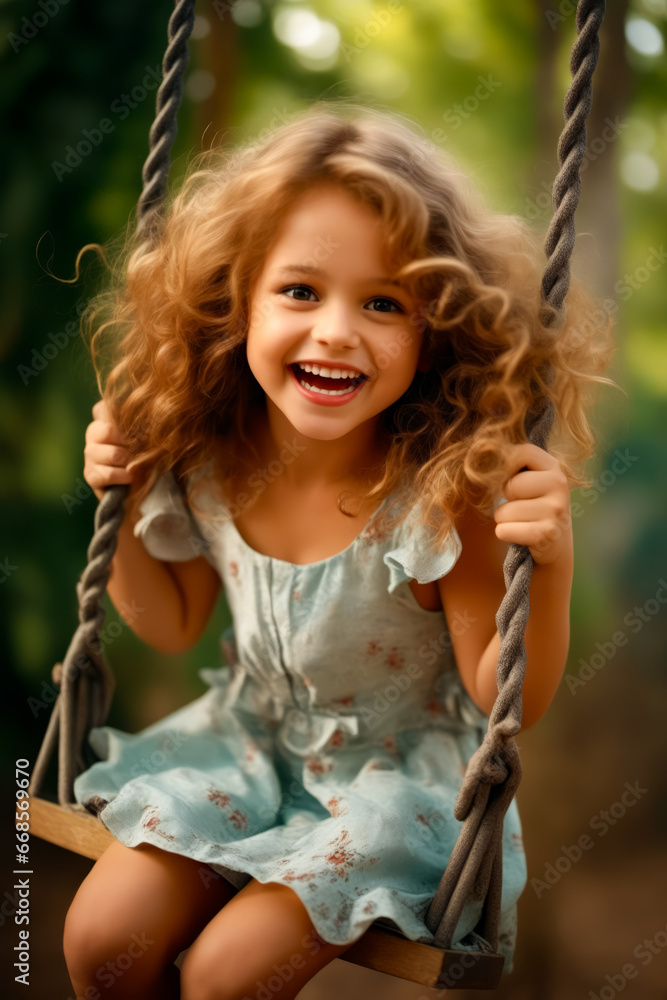 Little girl sitting on swing smiling at the camera. Stock Photo | Adobe ...