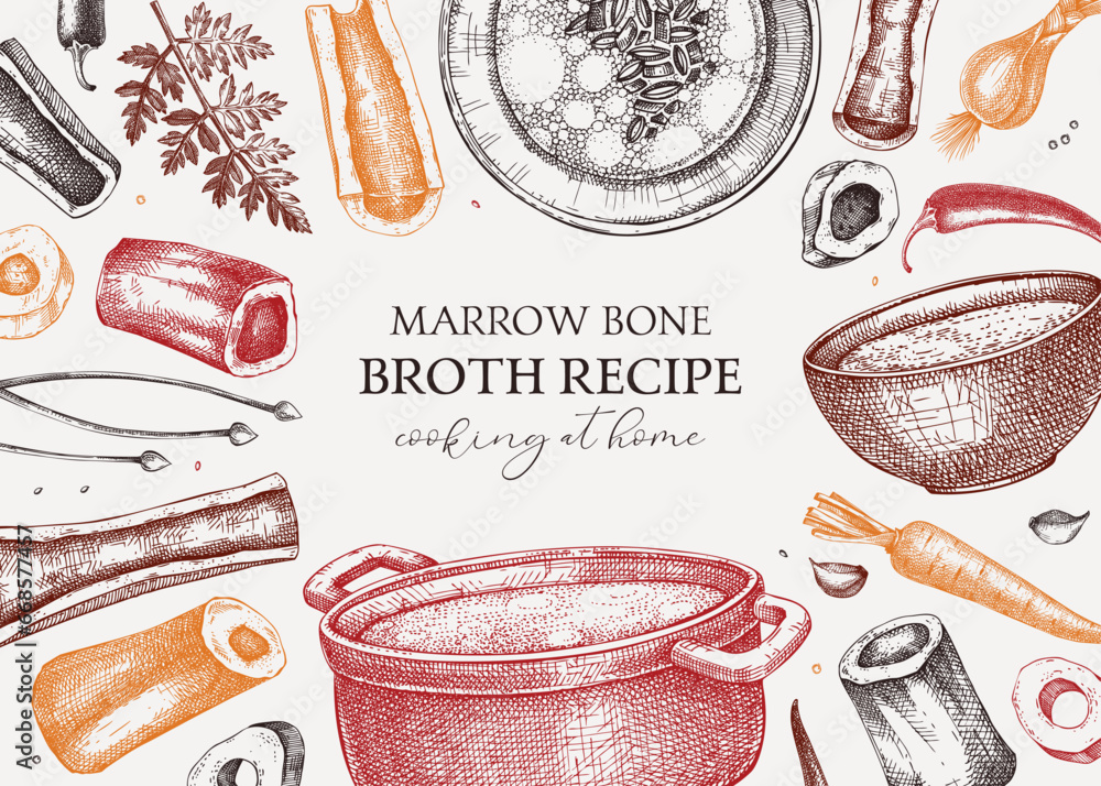 Healthy food background in color. Marrow bone broth banner. Hot soup on ...