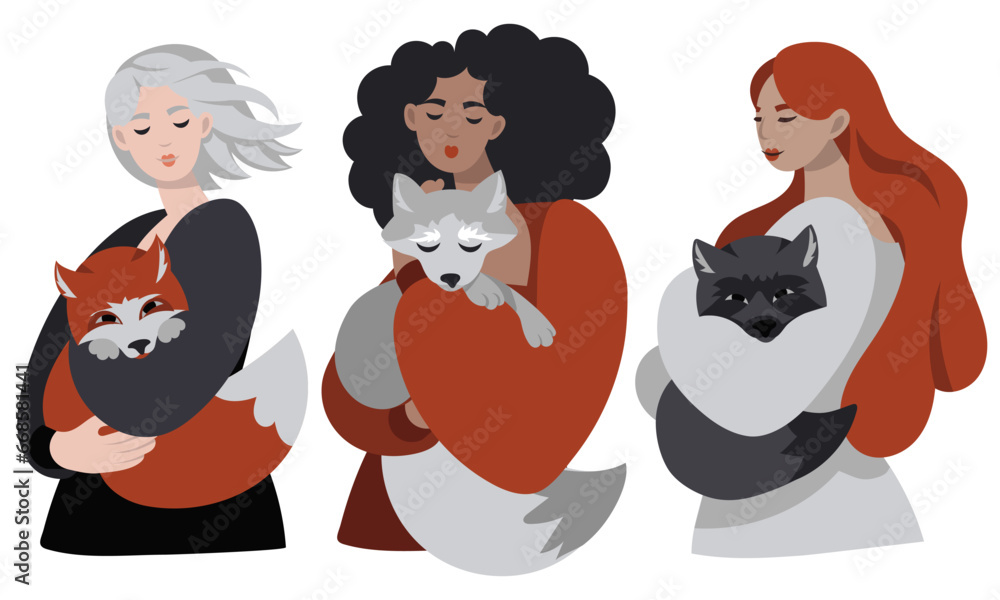 Set of girls with foxes of different colors in their hands on a white ...
