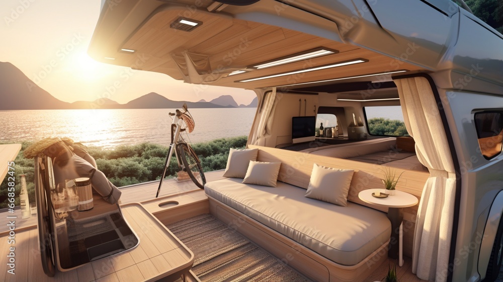 A modern luxury camper van with a rooftop yoga deck and panoramic ...
