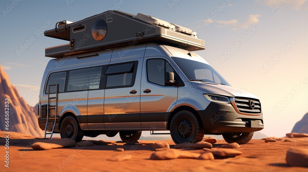 A modern luxury camper van with a rooftop observatory and panoramic ...