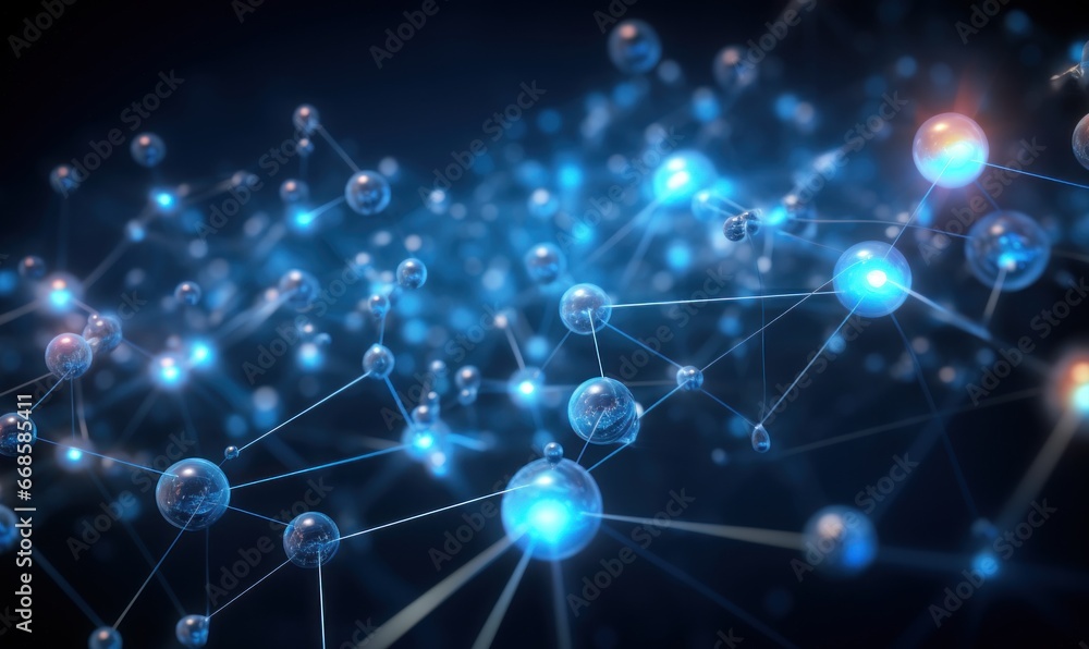 Science thechnology background with a model of an atom and flying ...