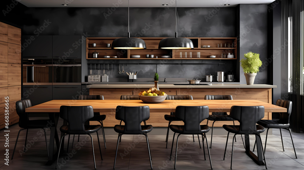 large kitchen room with modern interior design with wood table and ...