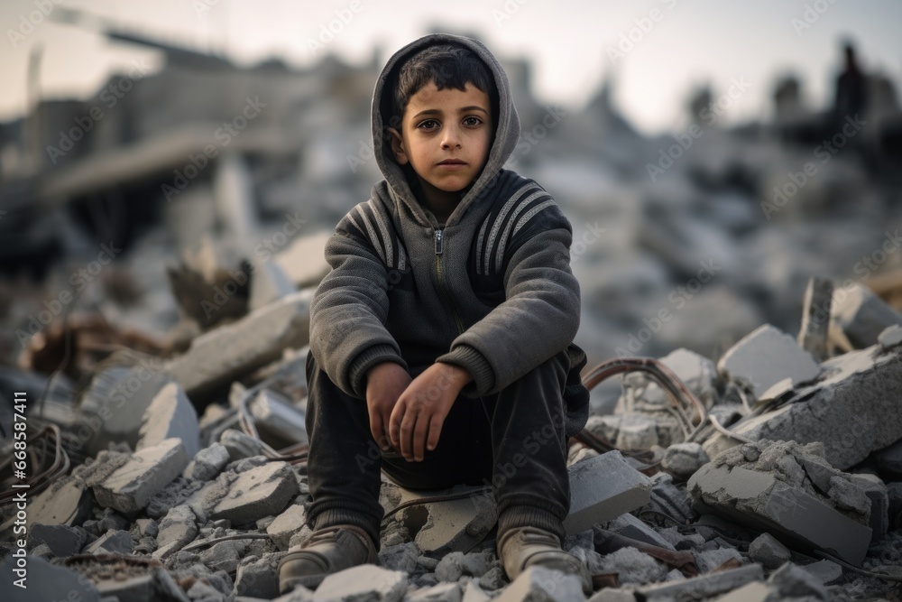 Sad Homeless child on a ruin of his house, fantasy arabic destroyed ...