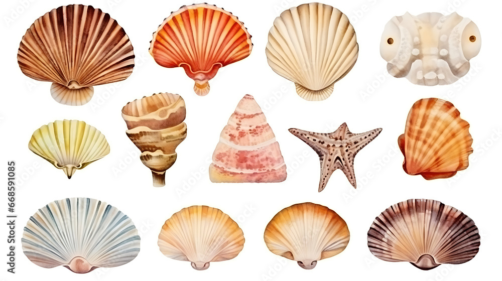 Watercolor Set of seashell elements collection clipart . generative ai ...