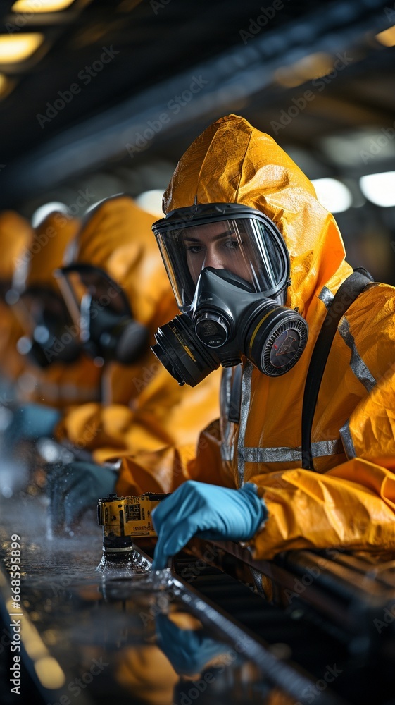 chemical industry worker donning gas masks and PPE safety gear . Stock ...