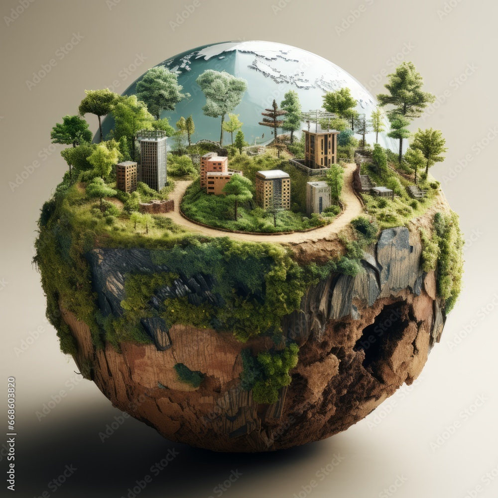 Miniature green spherical city. Eco-city in a circular glass with green ...
