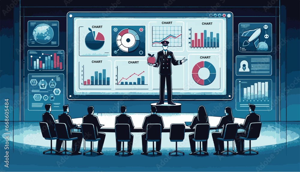 A storyboard frame depicts a cybersecurity meeting room. The commander ...