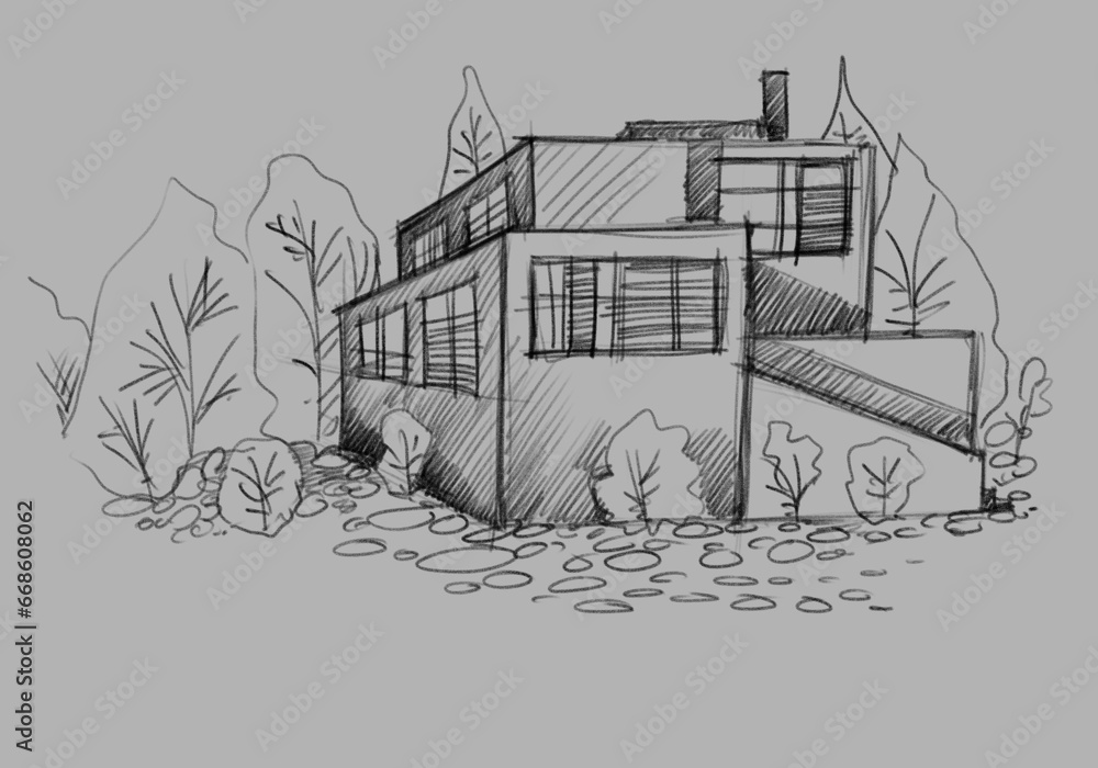 Architecture sketch of building, hand drawn architectectural sketch ...