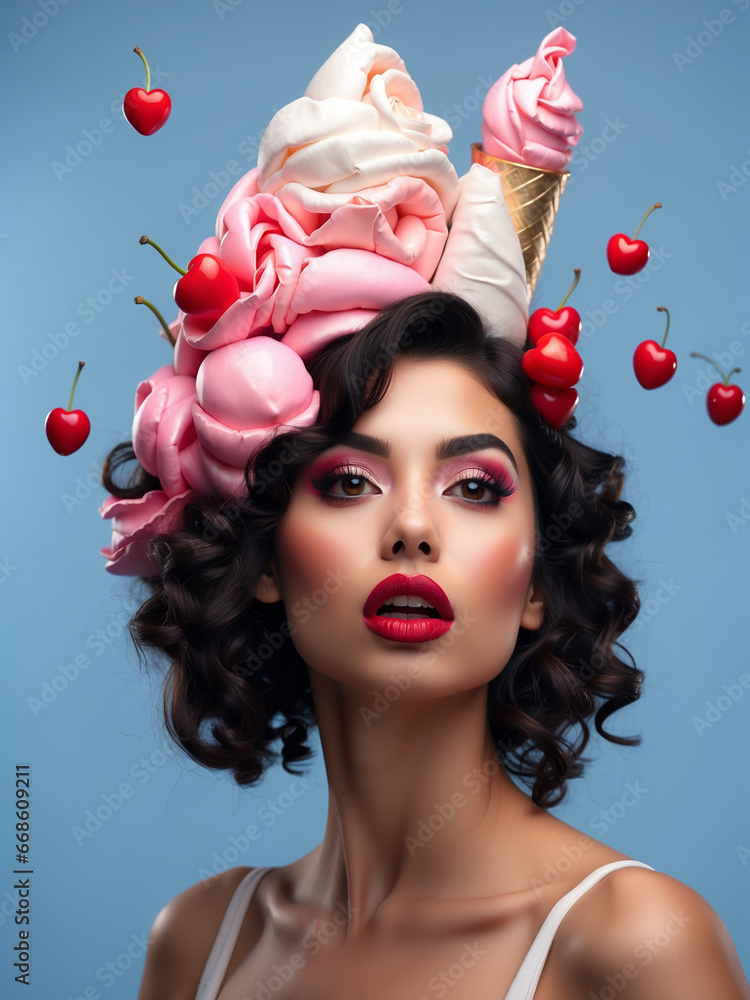 black hair woman with bright cherry lipstick, with huge ice cream cone ...