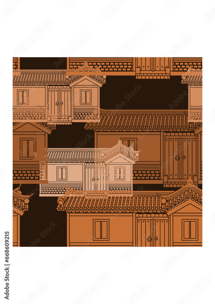 Editable Wide Traditional Hanok Korean House Building Vector ...