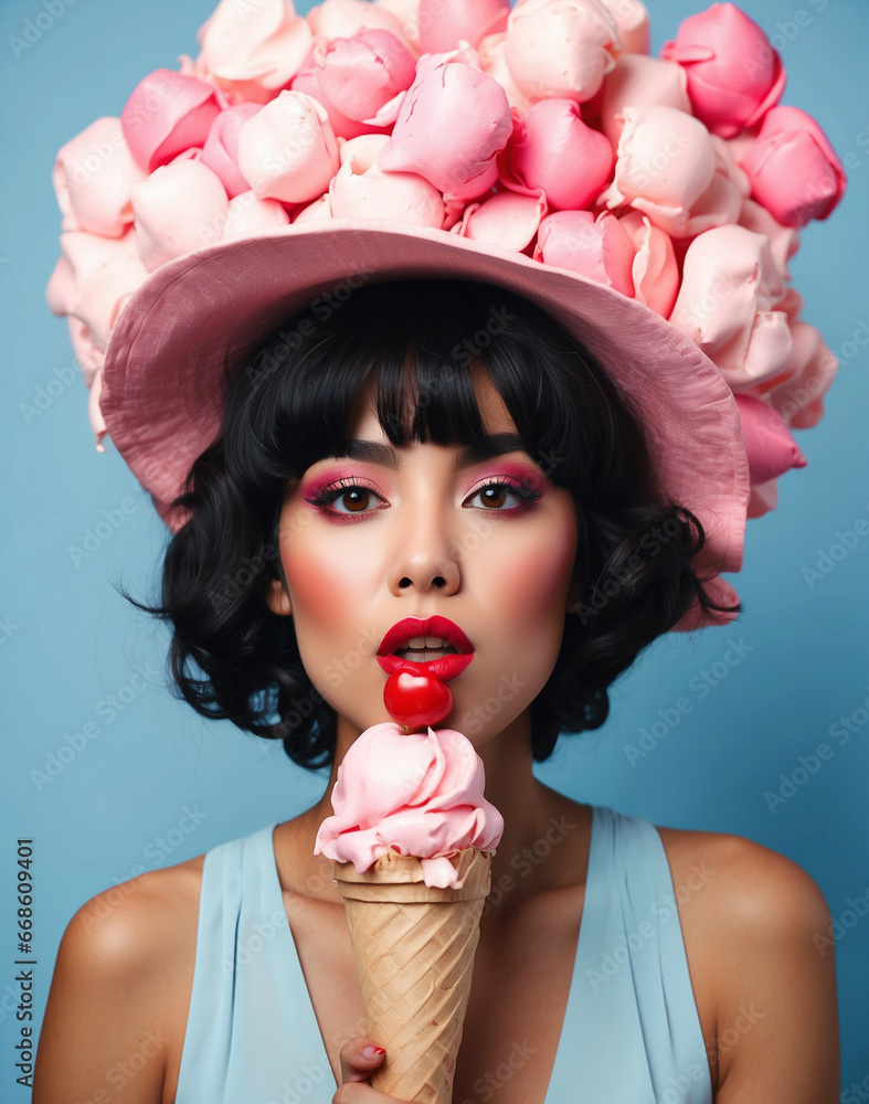 black hair woman with bright cherry lipstick, with huge ice cream cone ...
