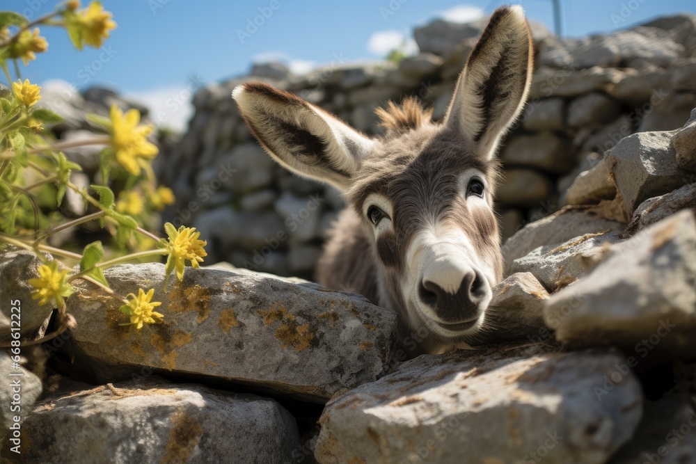 Donkey looking over a Dry Stone Wall. Stock Photo | Adobe Stock