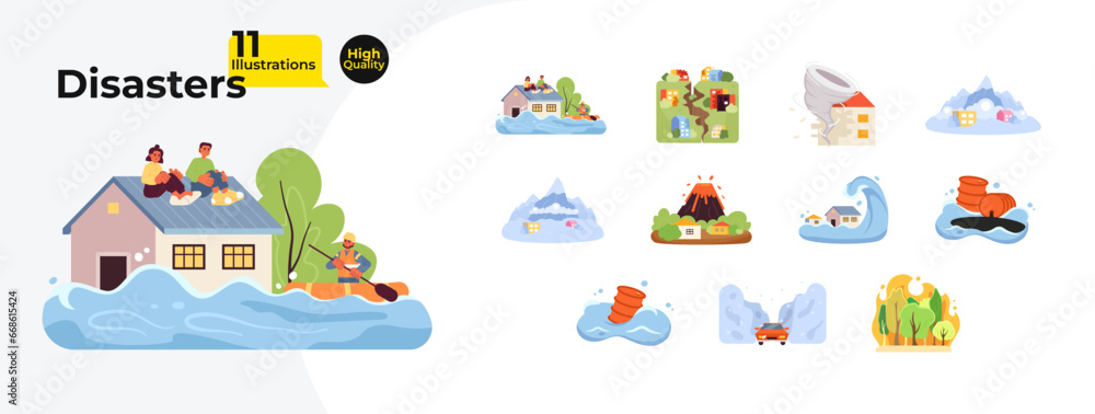 Natural disasters cartoon flat illustration bundle. Hurricane flooding ...
