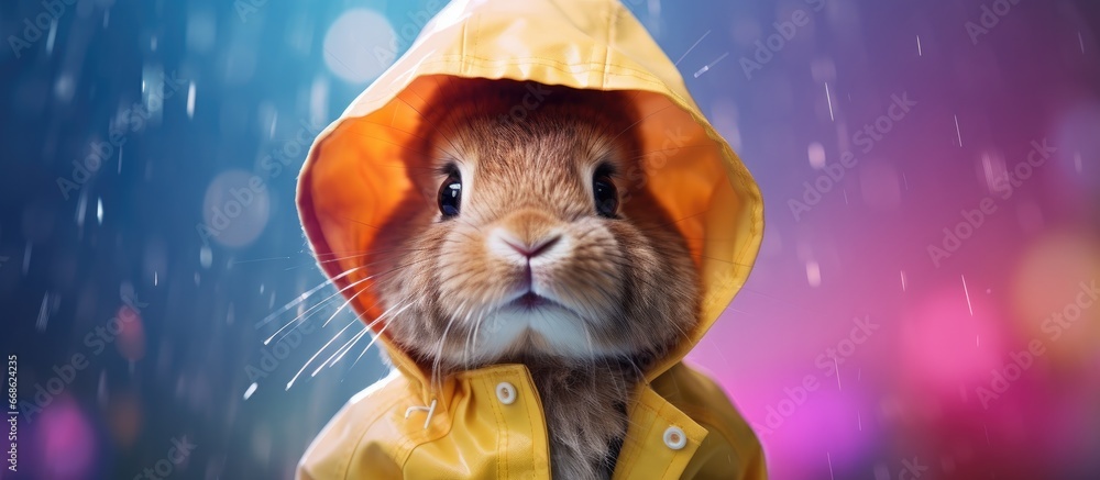 Rain bunny animal in the corner wear raincoat and umbrella. With copy ...