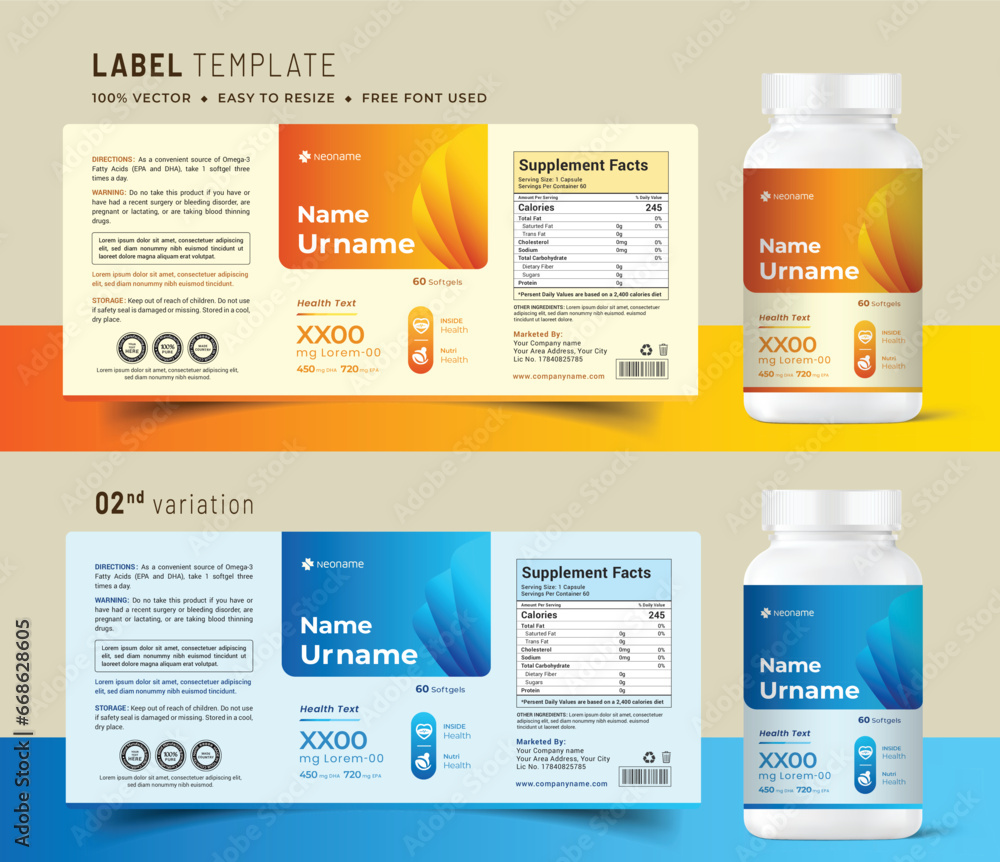 Vitamin label sticker design, natural multi food supplement banner ...