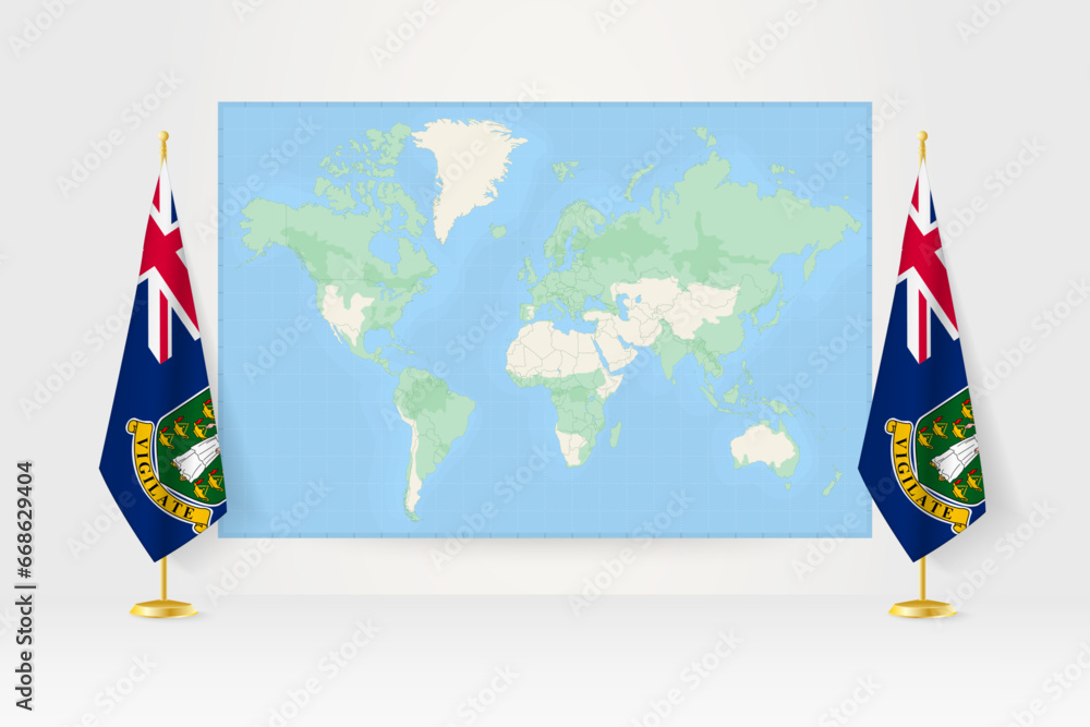 World Map between two hanging flags of British Virgin Islands flag ...