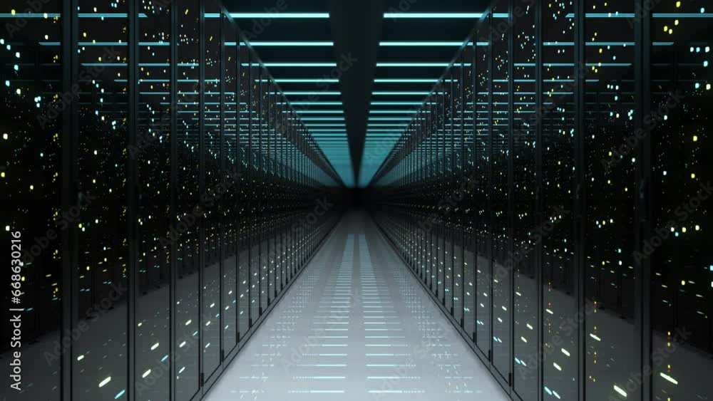 Looping Data storage. Camera Flying through racks of network and ...