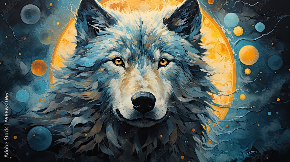Oil painting of majestic alpha wolf under a full moon at night. Digital ...